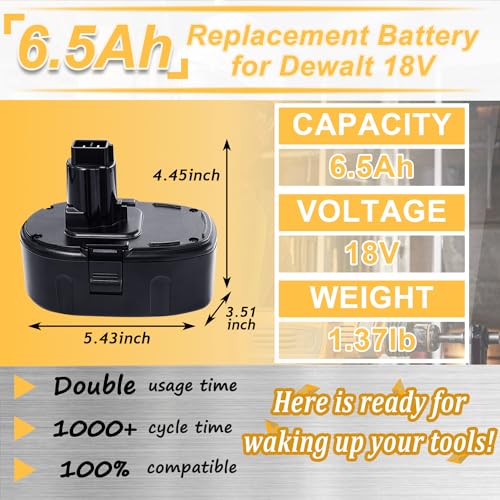 FSKE 2Pack 18V 6.5Ah Lithium-ion Battery Replacement for Dewalt 18V Battery XRP DC9096 DC9098 DW9096 DW9098,Compatible with Dewalt 18v Cordless Tools