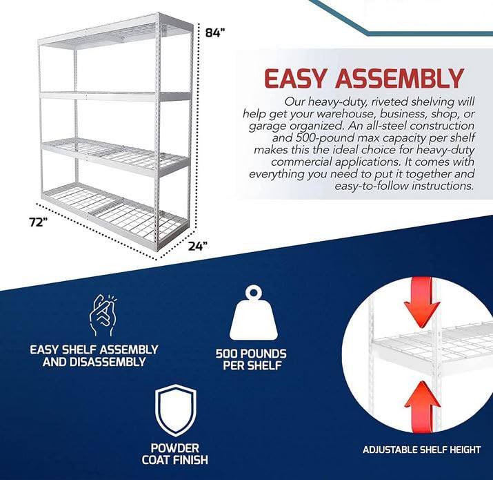 MonsterRax Heavy Duty Garage Shelving - 24" x 72" x 84" - 500 lbs/Shelf - Adjustable 4 Tier Metal Utility Shelves - High Grade Steel Freestanding Storage Rack for Warehouse, Basement - White Finish