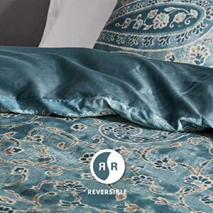 INTELLIGENT DESIGN Reversible 100% Cotton Sateen Duvet - Breathable Comforter Cover, Modern All Season Bedding Set with Sham (Insert Excluded), Belcourt, Paisley Blue Full/Queen(90"x90")