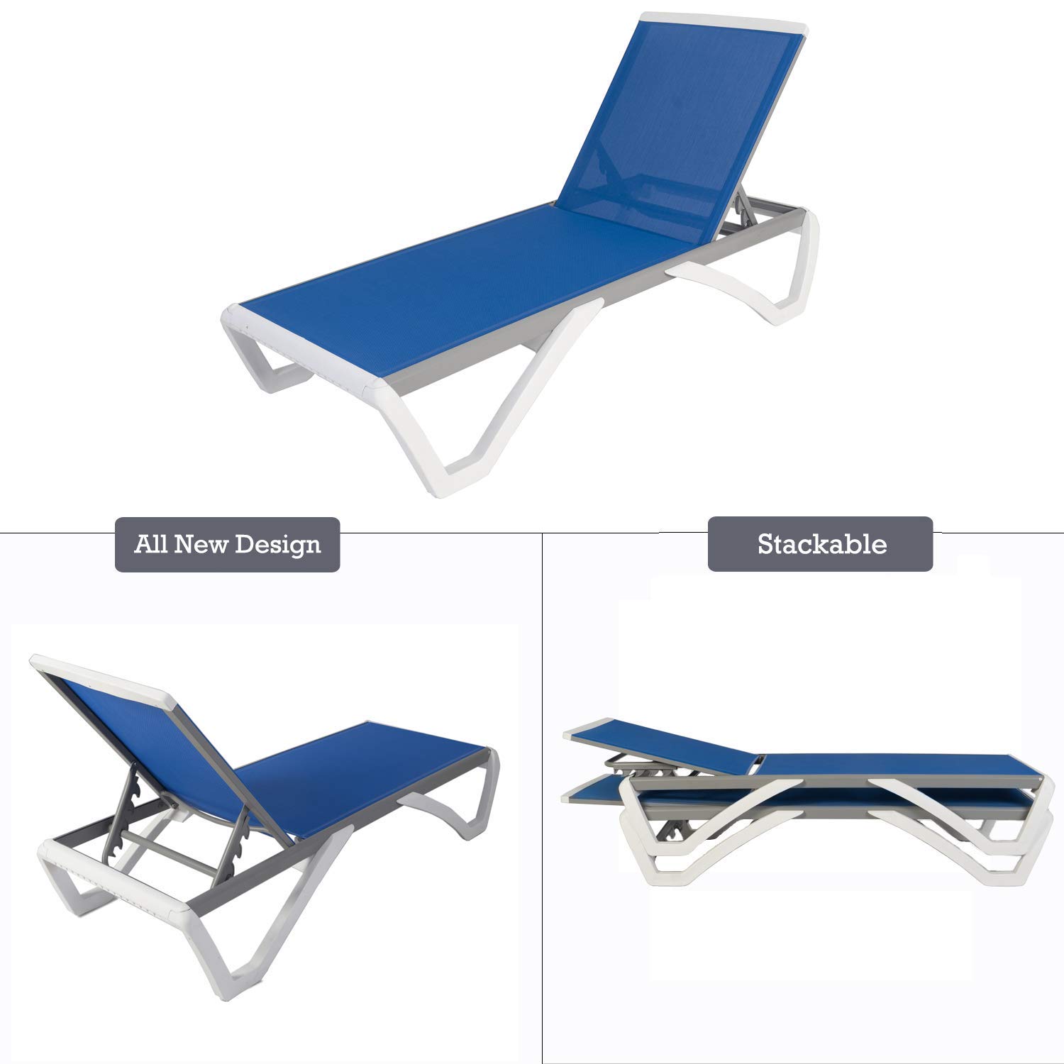 Kozyard Patio Chaise Lounge Chair - Full Flat Alumium & Resin Legs, Outdoor Reclining Adjustable Chair for Sunbathing, Beach, Patio, Lounge Set or Patio Table (Blue Textilence W/O Table)