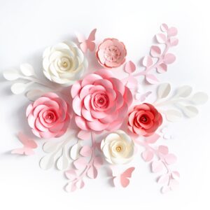 fonder mols 3d paper flowers decorations for wall(pearl white & pink, set of 18), wedding bridal shower bouquet, centerpieces, flower backdrops