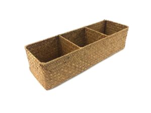 3-section larger toilet tank topper paper basket,hand-woven seagrass storage rectangular basket and home organizer bins,natural water hyacinth basket (brown middle)