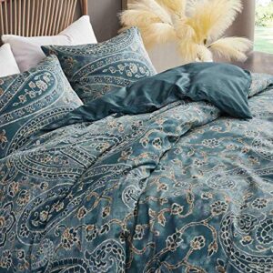 INTELLIGENT DESIGN Reversible 100% Cotton Sateen Duvet - Breathable Comforter Cover, Modern All Season Bedding Set with Sham (Insert Excluded), Belcourt, Paisley Blue Full/Queen(90"x90")