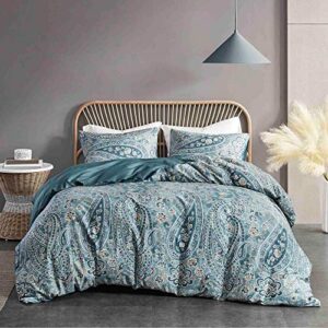 INTELLIGENT DESIGN Reversible 100% Cotton Sateen Duvet - Breathable Comforter Cover, Modern All Season Bedding Set with Sham (Insert Excluded), Belcourt, Paisley Blue Full/Queen(90"x90")