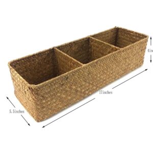 3-Section Larger Toilet Tank Topper Paper Basket,Hand-woven Seagrass Storage Rectangular Basket and Home Organizer Bins,Natural Water Hyacinth Basket (brown middle)