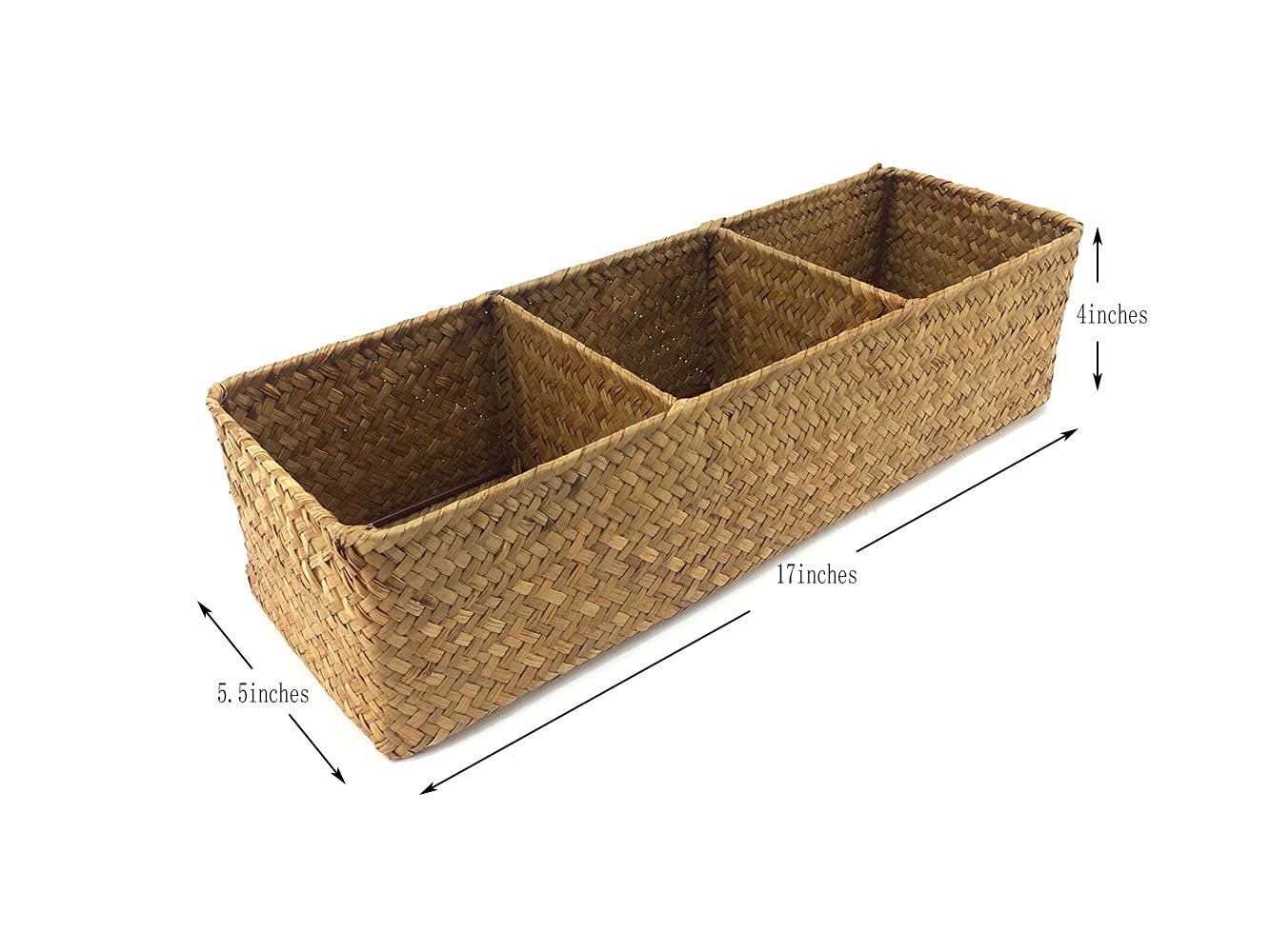 3-Section Larger Toilet Tank Topper Paper Basket,Hand-woven Seagrass Storage Rectangular Basket and Home Organizer Bins,Natural Water Hyacinth Basket (brown middle)