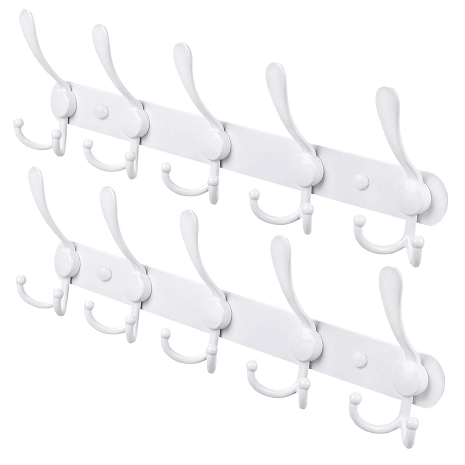 PHINGEER Coat Rack Wall Mount, Heavy Duty Coat Rack with 5 Tri Wall Hooks, Stainless Steel Coat Hooks for Hanging Coats, Jacket, Hanger, Hat, Bag, Towel, Purse (White, 2Packs)