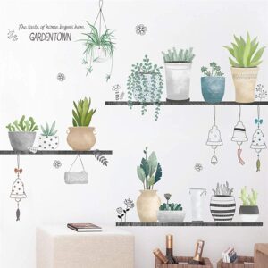 green pot plants leaves wall decals wall stickers for bedroom leaf wall mural as wall decor for living room | 90cm x 180cm removable stickers for home walls decoration as housewarming birthday gift