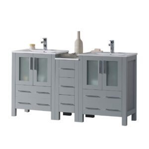 60 inches all wood double ceramic sink bathroom vanity with side cabinet, 001 60 15 c (double ceramic top, metal grey)