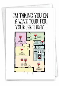 nobleworks - funny card for birthdays - quarantine humor, happy bday notecard with envelope - house wine tour c3709bdg