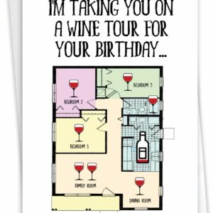 NobleWorks - Funny Card for Birthdays - Quarantine Humor, Happy Bday Notecard with Envelope - House Wine Tour C3709BDG