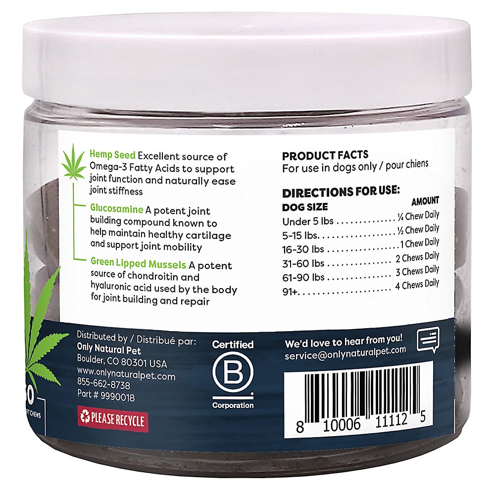 Only Natural Pet Hemp Advanced Mobility Support for Dogs Holistic Wellness Hip Bone Joint Health - Inflammatory Function Relieves Pain Stiffness Green Lipped Mussels Turmeric (HA) 60 Count