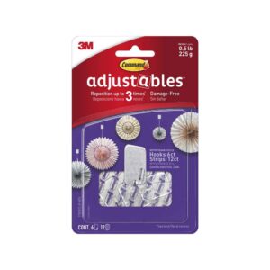 command adjustables repositionable mini hooks, plastic, white, 0.5 lb capacity, 6 hooks and 12 strips