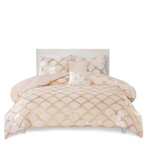 intelligent design lorna duvet set metallic mermaid scale scallop print, embroidered toss pillows, modern all season comforter cover bedding set with matching shams, full/queen, blush 5 piece