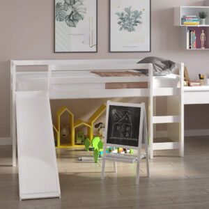 Costzon Twin Loft Bunk Bed, Solid Wood Kids Bed w/Slide, Built-in Ladder, Guard Rail & Storage Space, Low Bunk Bed Frame for Boys Girls Bedroom (White)