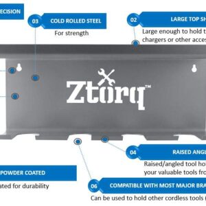 Ztorq Cordless Drill Tool Organizer - Drill holder storage wall mount shelf rack and charging station to optimize garage organization and power tool storage