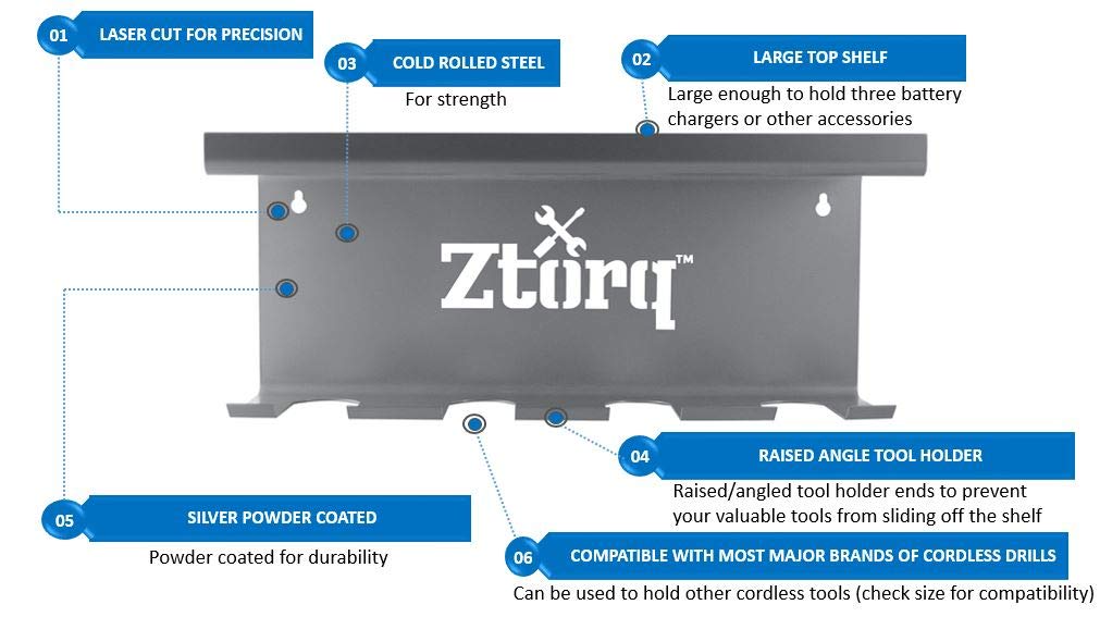 Ztorq Cordless Drill Tool Organizer - Drill holder storage wall mount shelf rack and charging station to optimize garage organization and power tool storage