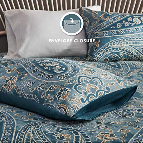 INTELLIGENT DESIGN Reversible 100% Cotton Sateen Duvet - Breathable Comforter Cover, Modern All Season Bedding Set with Sham (Insert Excluded), Belcourt, Paisley Blue Full/Queen(90"x90")