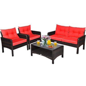 tangkula 4 piece patio furniture set, outdoor wicker conversation set with glass top coffee table, all weather proof and thick cushions, suitable for porch, garden, poolside and lawn (red)