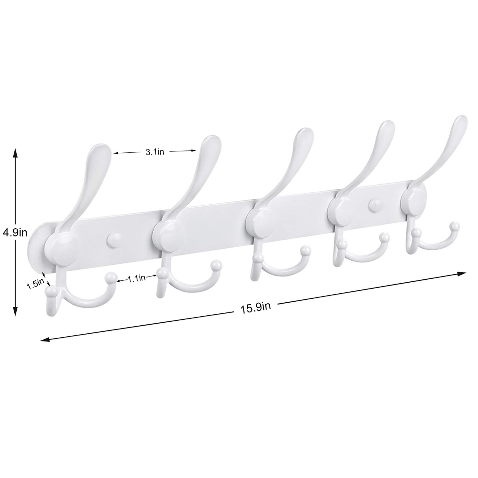 PHINGEER Coat Rack Wall Mount, Heavy Duty Coat Rack with 5 Tri Wall Hooks, Stainless Steel Coat Hooks for Hanging Coats, Jacket, Hanger, Hat, Bag, Towel, Purse (White, 2Packs)