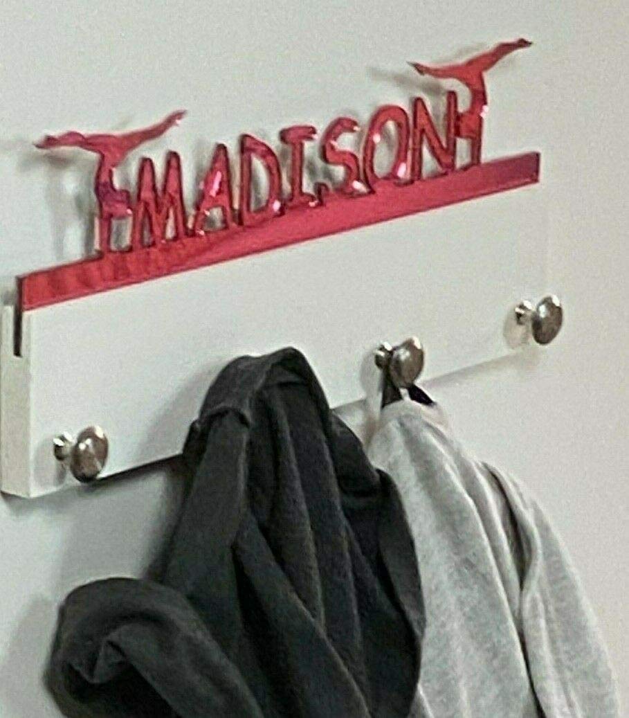 MIRROR MANIA Personalized Coat Hanger Gymnastics Gymnasts Rack Bag Hat Towel Backpack Sweatshirt Jacket Hook Organizer Wall Door Decor, One of A Kind, Custom Made to Order, with Your Name On It!