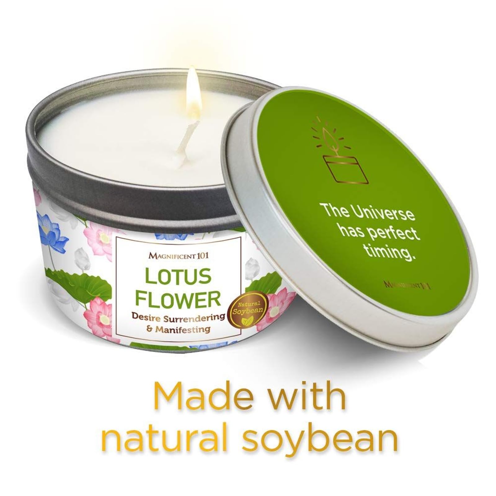 Magnificent 101 Long Lasting Lotus Flower Aromatherapy Candle | 6 Oz - 35 Hour Burn Time | Paraffin Free, All Natural Soy Wax Candle for Desire Surrendering, Manifestation & Purification