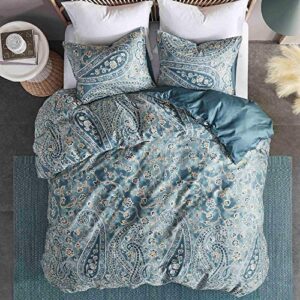 intelligent design reversible 100% cotton sateen duvet - breathable comforter cover, modern all season bedding set with sham (insert excluded), belcourt, paisley blue full/queen(90"x90")