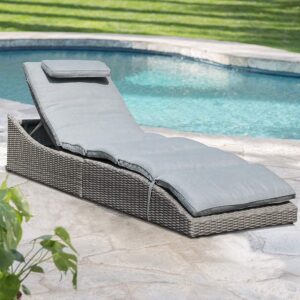 Soleil Jardin Folding Outdoor Adjustable Chaise Lounge Chair with Removable Cushion, Fully Assembled, Patio PE Rattan Reclining Lounger for Pool Beach, Gray