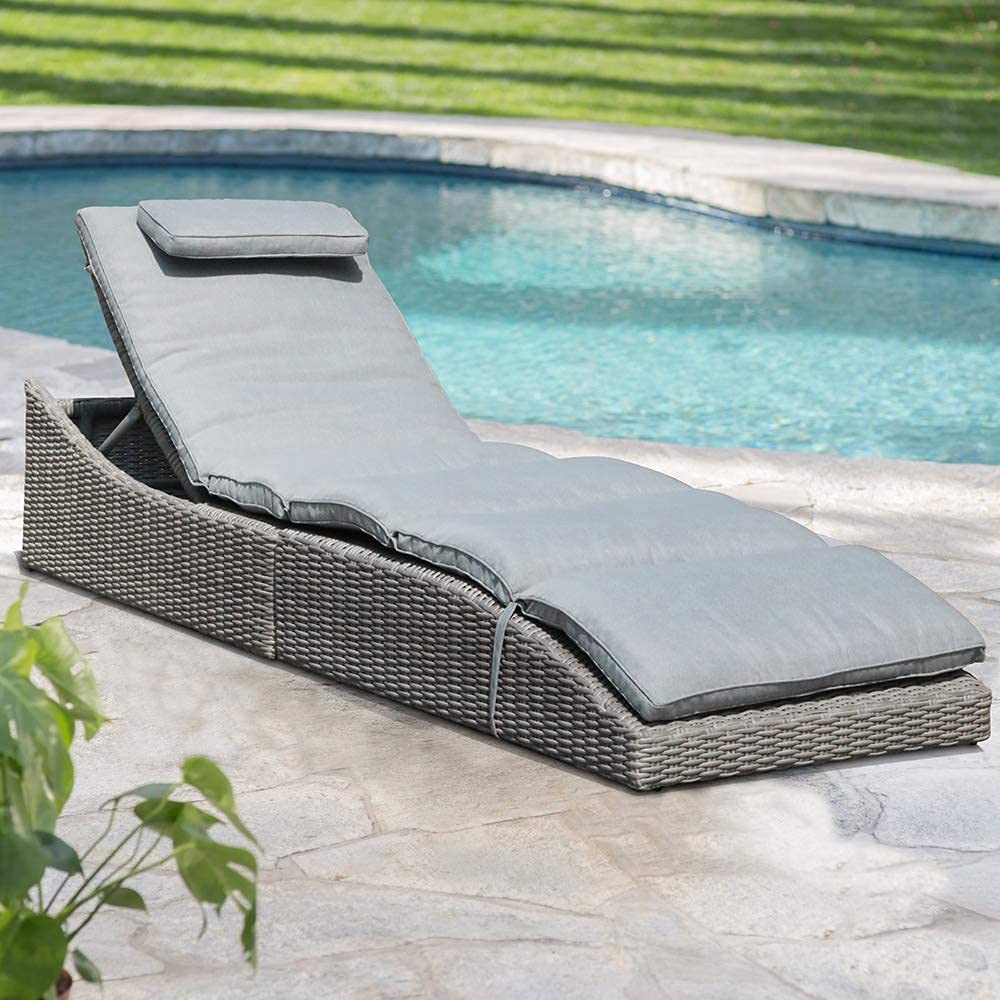 Soleil Jardin Folding Outdoor Adjustable Chaise Lounge Chair with Removable Cushion, Fully Assembled, Patio PE Rattan Reclining Lounger for Pool Beach, Gray