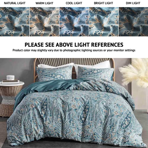 INTELLIGENT DESIGN Reversible 100% Cotton Sateen Duvet - Breathable Comforter Cover, Modern All Season Bedding Set with Sham (Insert Excluded), Belcourt, Paisley Blue Full/Queen(90"x90")