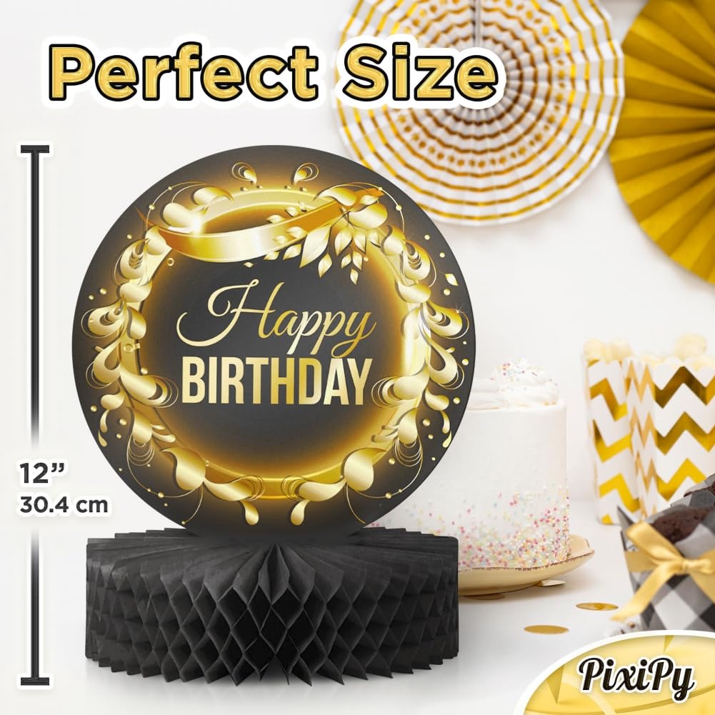 Happy Birthday Table Decoration Centerpieces - (4 Pack, Black & Rose Gold), Double-Sided Happy Birthday Centerpieces for Tables - Party Supplies for Elegant Birthday Decorations by PixiPy