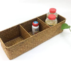 3-Section Larger Toilet Tank Topper Paper Basket,Hand-woven Seagrass Storage Rectangular Basket and Home Organizer Bins,Natural Water Hyacinth Basket (brown middle)