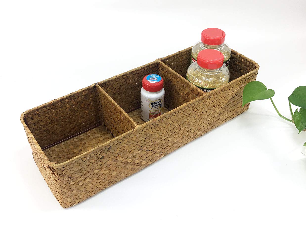 3-Section Larger Toilet Tank Topper Paper Basket,Hand-woven Seagrass Storage Rectangular Basket and Home Organizer Bins,Natural Water Hyacinth Basket (brown middle)