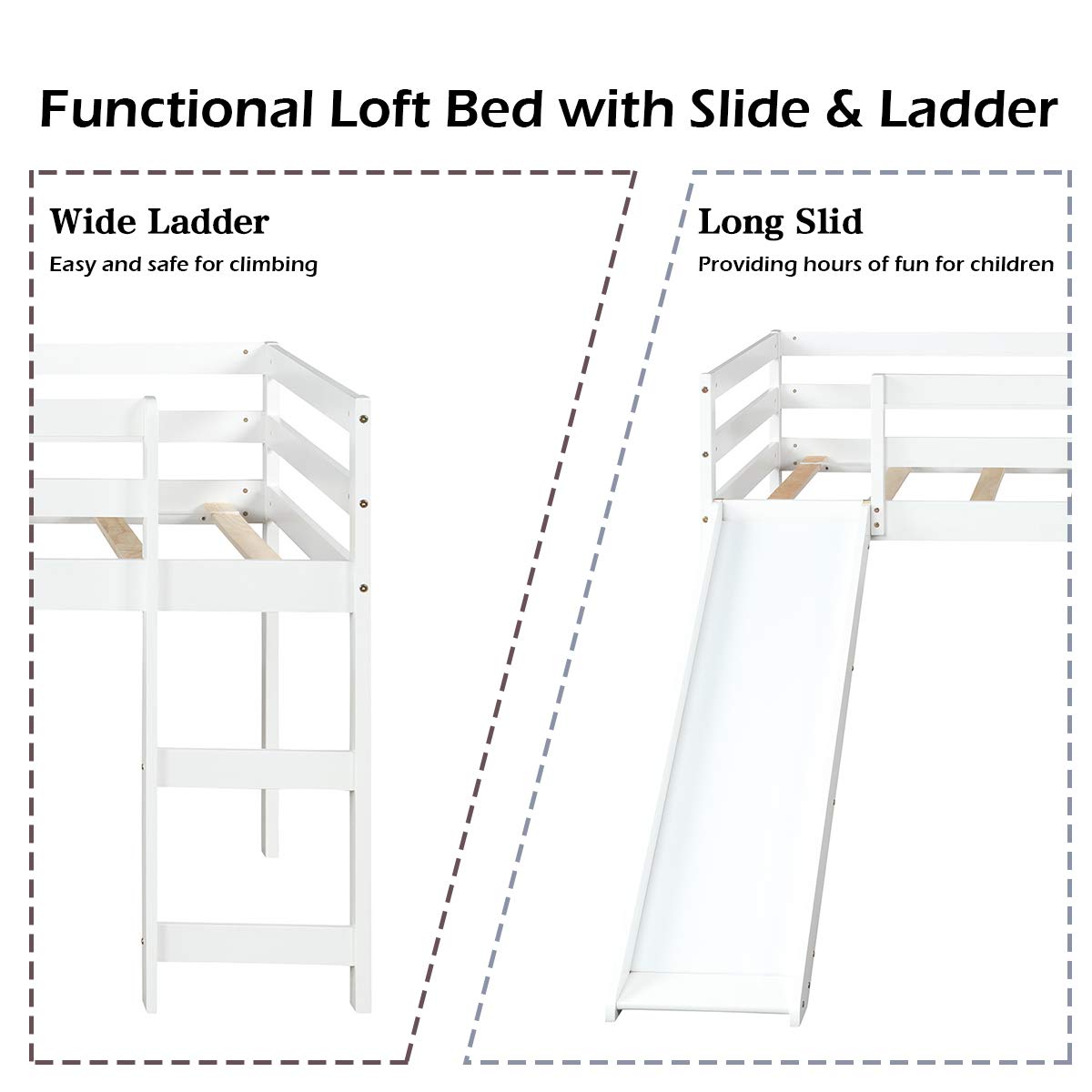 Costzon Twin Loft Bunk Bed, Solid Wood Kids Bed w/Slide, Built-in Ladder, Guard Rail & Storage Space, Low Bunk Bed Frame for Boys Girls Bedroom (White)