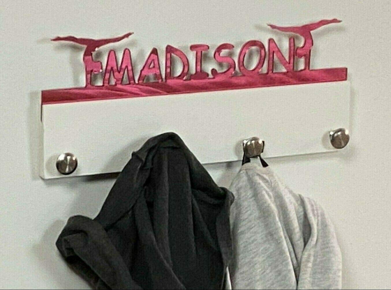 MIRROR MANIA Personalized Coat Hanger Gymnastics Gymnasts Rack Bag Hat Towel Backpack Sweatshirt Jacket Hook Organizer Wall Door Decor, One of A Kind, Custom Made to Order, with Your Name On It!