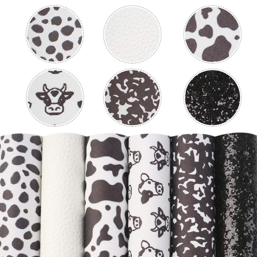 David Angie 6pcs 7.7" x 12.9" (20 cm x 33 cm) Black White Series Cow Pattern Faux Leather Sheet Synthetic Leather Sheets Assorted for Earrings Hair Bows Making (Cow)