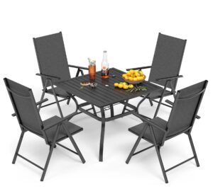 phi villa 5 pcs patio dining set with patio table and chairs, outdoor dining set for 4 with adjustable patio folding chairs & square patio dining table with 1.57" umbrella hole, black