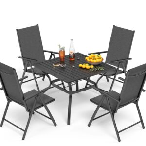 PHI VILLA 5 Pcs Patio Dining Set with Patio Table and Chairs, Outdoor Dining Set for 4 with Adjustable Patio Folding Chairs & Square Patio Dining Table with 1.57" Umbrella Hole, Black