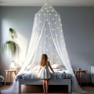 canopy for girls bed with pre-glued glow in the dark stars - princess mosquito net room decor - kids & baby bedroom tent with galaxy lights - 1 opening canopy bed & hanging kit included