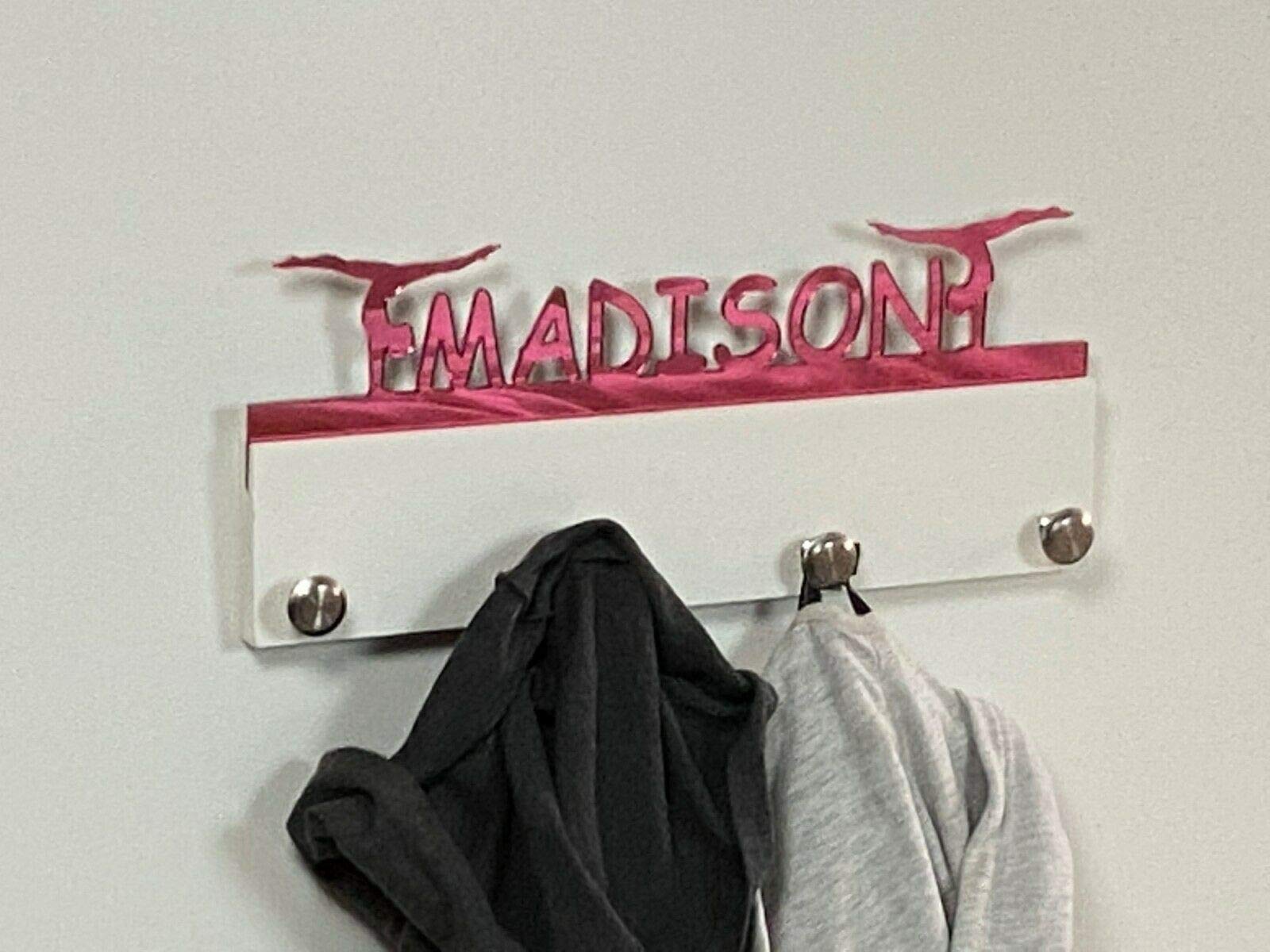 MIRROR MANIA Personalized Coat Hanger Gymnastics Gymnasts Rack Bag Hat Towel Backpack Sweatshirt Jacket Hook Organizer Wall Door Decor, One of A Kind, Custom Made to Order, with Your Name On It!