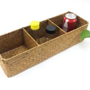 3-Section Larger Toilet Tank Topper Paper Basket,Hand-woven Seagrass Storage Rectangular Basket and Home Organizer Bins,Natural Water Hyacinth Basket (brown middle)