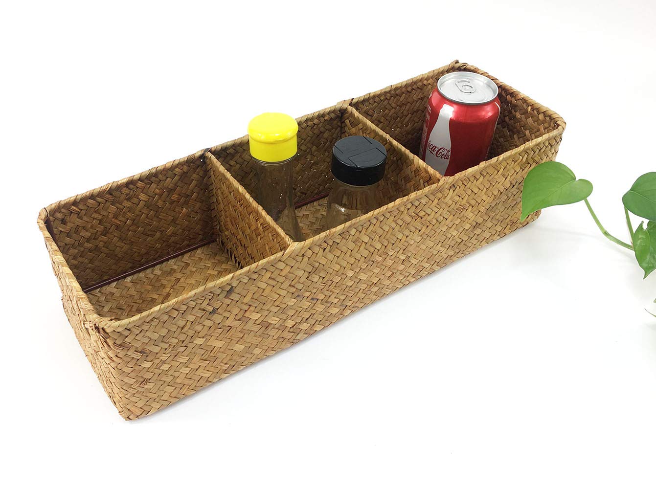 3-Section Larger Toilet Tank Topper Paper Basket,Hand-woven Seagrass Storage Rectangular Basket and Home Organizer Bins,Natural Water Hyacinth Basket (brown middle)