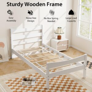 Giantex Wood Twin Bed Frame, Modern White Platform Bed w/Headboard & Footboard, Solid Wood Slat Support, No Box Spring Needed, Panel Bed Mattress Foundation for Kids, White