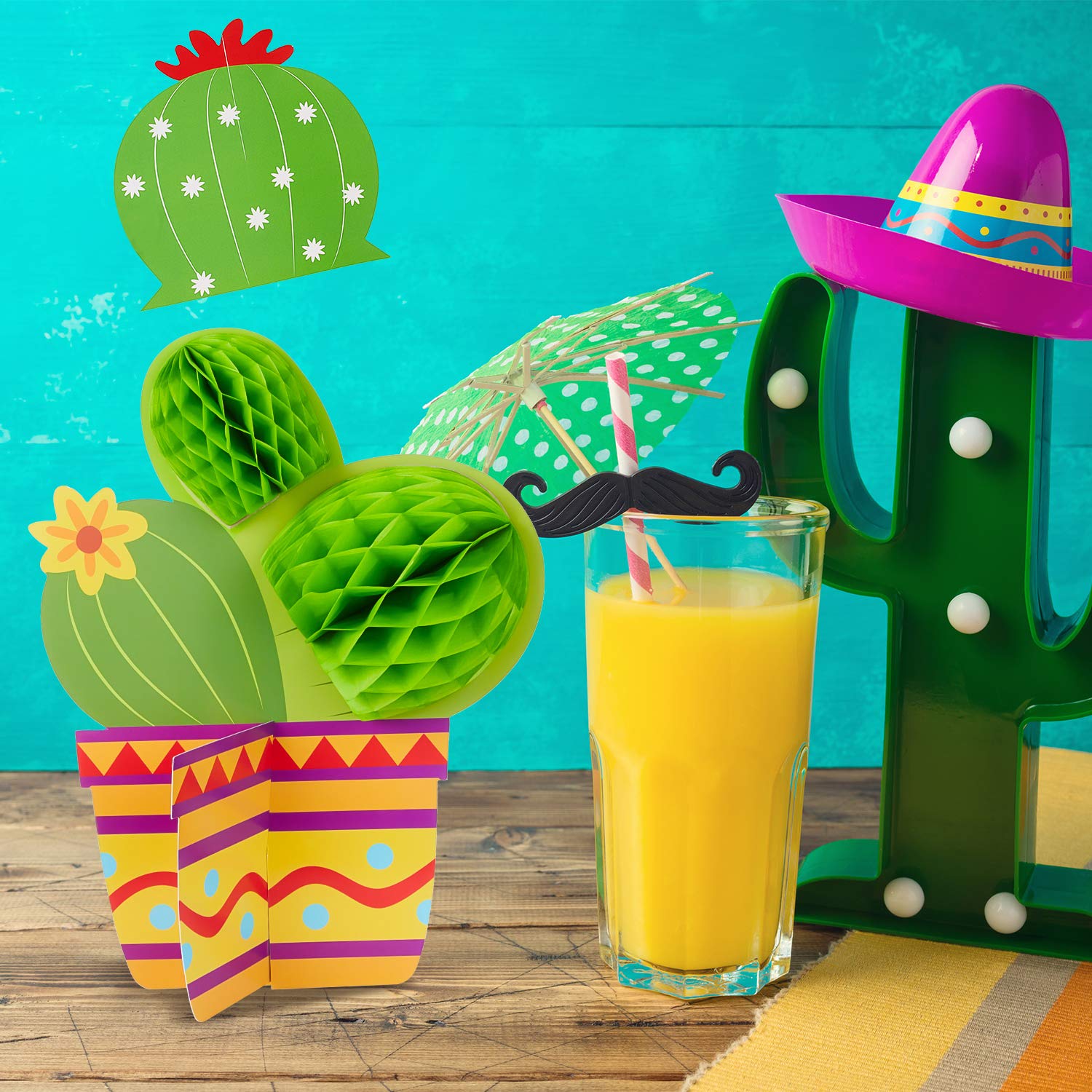 6 Pieces Cactus Party Decorations Kit Includes 4 Pieces Cactus Honeycomb Table Centerpieces and 2 Pieces Cactus Paper Cutouts for Fiesta Cinco De Mayo Mexican Theme Party Birthday Baby Shower