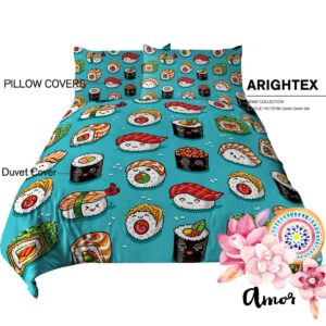 ARIGHTEX Sushi Duvet Cover Set, Blue, Kawaii Style Sushi Smiling Pattern, Decorative 3 Piece Bedding Sets with 2 Pillow Shams, Twin Size