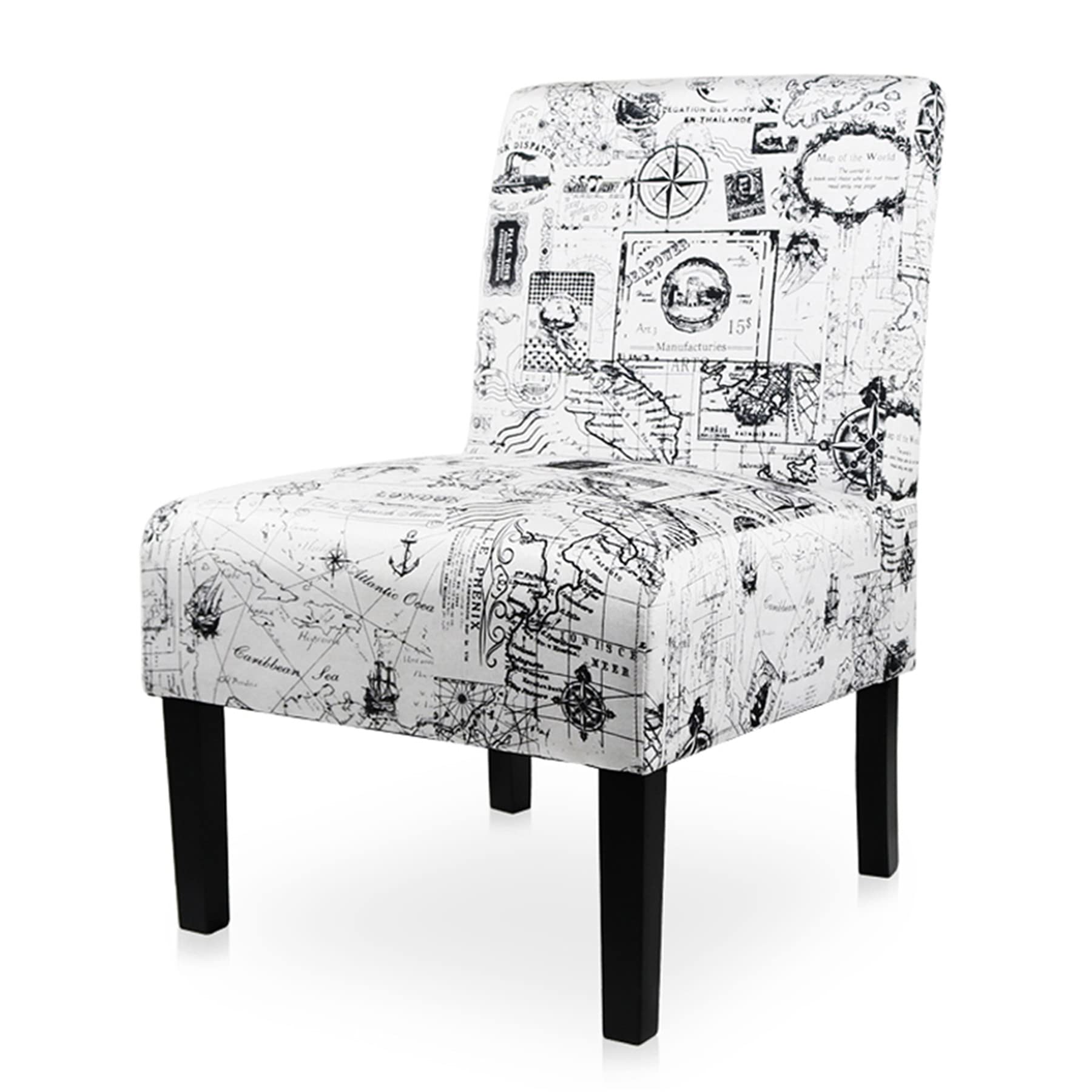 STHOUYN Modern Fabric Print Armless Accent Chair Decorative Corner Side Slipper Vanity Chair for Bedroom Desk, Living Room Furniture Map Design White