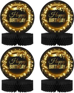 happy birthday table decoration centerpieces - (4 pack, black & rose gold), double-sided happy birthday centerpieces for tables - party supplies for elegant birthday decorations by pixipy