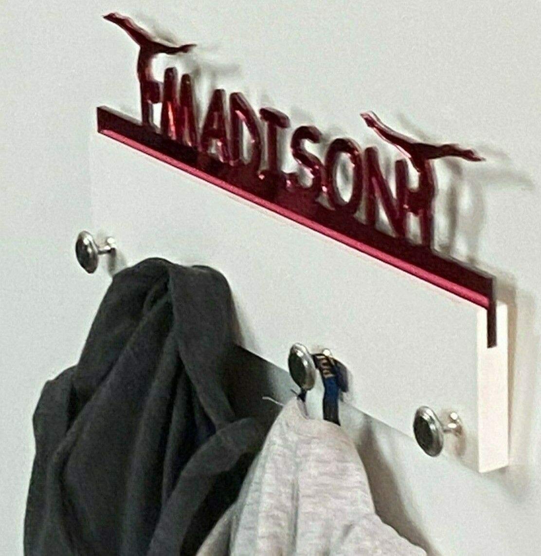 MIRROR MANIA Personalized Coat Hanger Gymnastics Gymnasts Rack Bag Hat Towel Backpack Sweatshirt Jacket Hook Organizer Wall Door Decor, One of A Kind, Custom Made to Order, with Your Name On It!