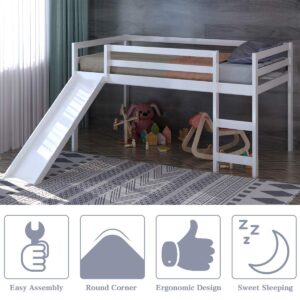 Costzon Twin Loft Bunk Bed, Solid Wood Kids Bed w/Slide, Built-in Ladder, Guard Rail & Storage Space, Low Bunk Bed Frame for Boys Girls Bedroom (White)