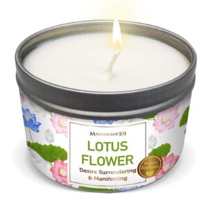 magnificent 101 long lasting lotus flower aromatherapy candle | 6 oz - 35 hour burn time | paraffin free, all natural soy wax candle for desire surrendering, manifestation & purification